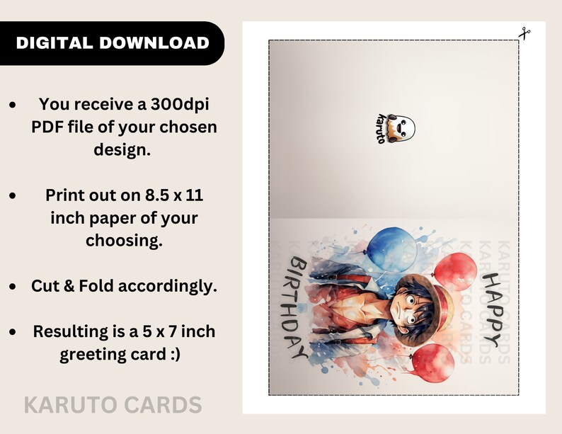 Happy Birthday Card DIGITAL Download Printable Greeting Card Luffy One ...