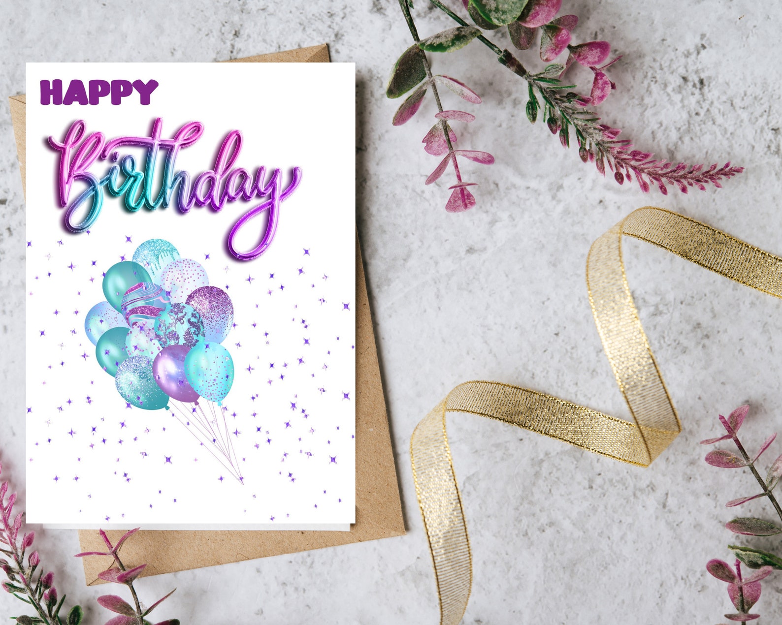 Printable Birthday Card Featuring Balloons & Stars, Colorful Happy ...