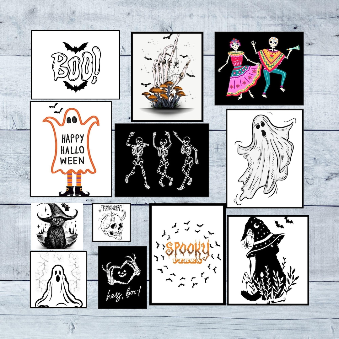 Halloween Prints Wall Art, Spooky, Colored Cute Ghost, Halloween Skull ...