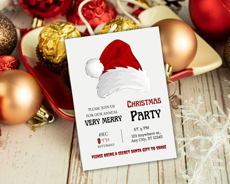 Editable Christmas Party Invitation: Fluffy Santa Hat (5x7 Digital ...