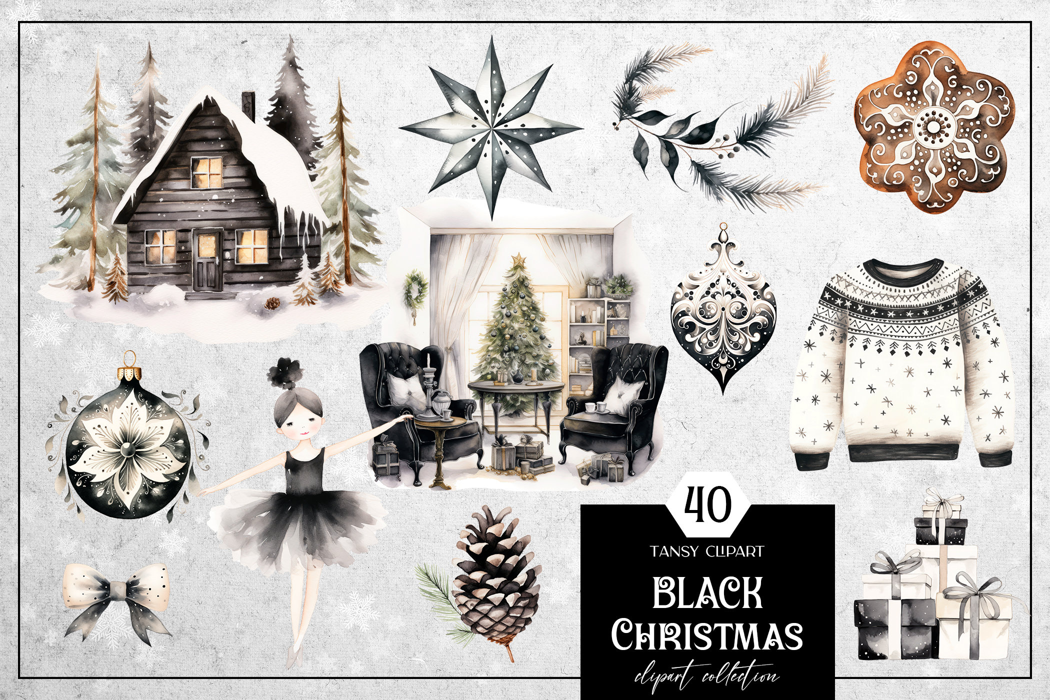 Black Christmas Clipart, AI Digital Art, Black Scandi Xmas ...