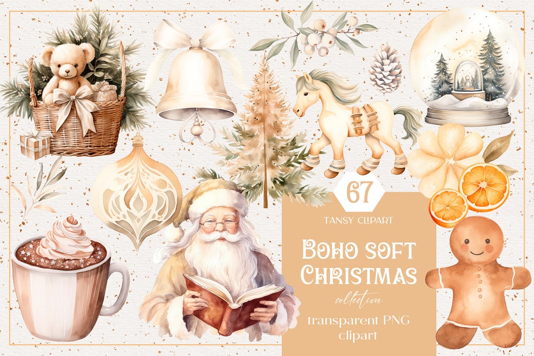 Boho Soft Christmas Clipart, Transparent Background, Winter Decor PNG ...
