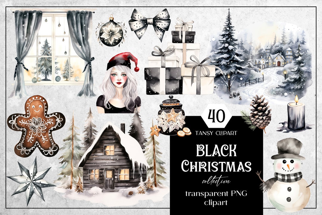 Black Christmas Clipart, AI Digital Art, Black Scandi Xmas ...