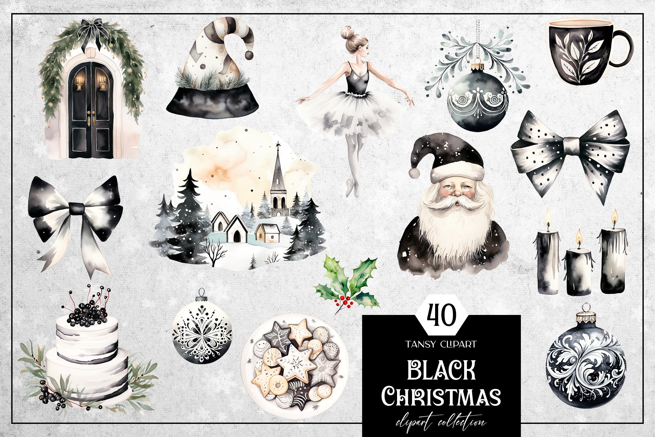 Black Christmas Clipart, AI Digital Art, Black Scandi Xmas ...