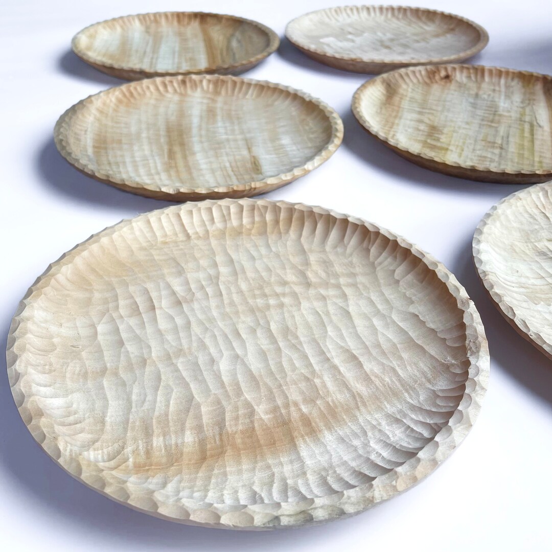 Hand Carved Wood Plate Set: Rustic Shallow Bowls, Unfinished Basswood ...