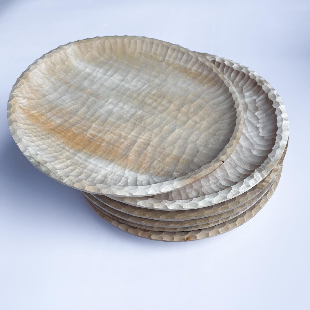 Wooden Plate Set 6pcs, Wood Dinner Plates, Carved Wood Tray, Round ...
