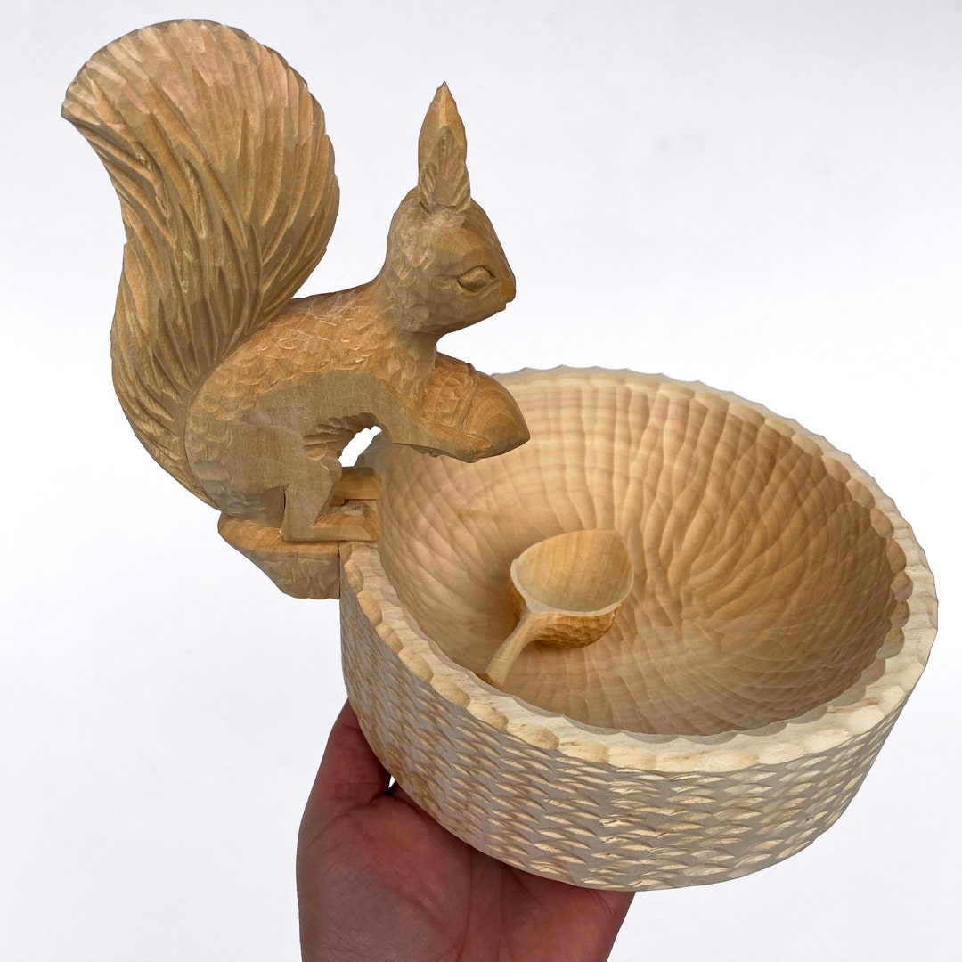 Wooden Squirrel Bowl With Spoon, Unique Carved Bowl, Wood Tray Squirrel ...
