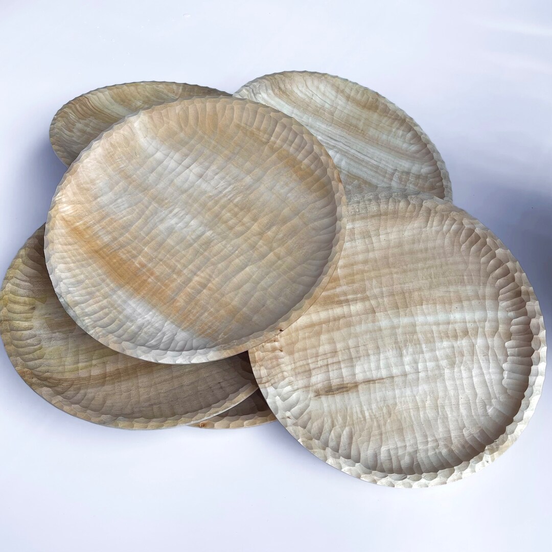 Carved Wooden Serving Plates Set, Round Flat Plates 6pieces, Medium ...