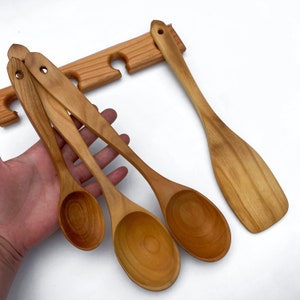 Cherry Wood Cooking Utensil Set: Rustic Handmade Spoons & Spatula - Etsy