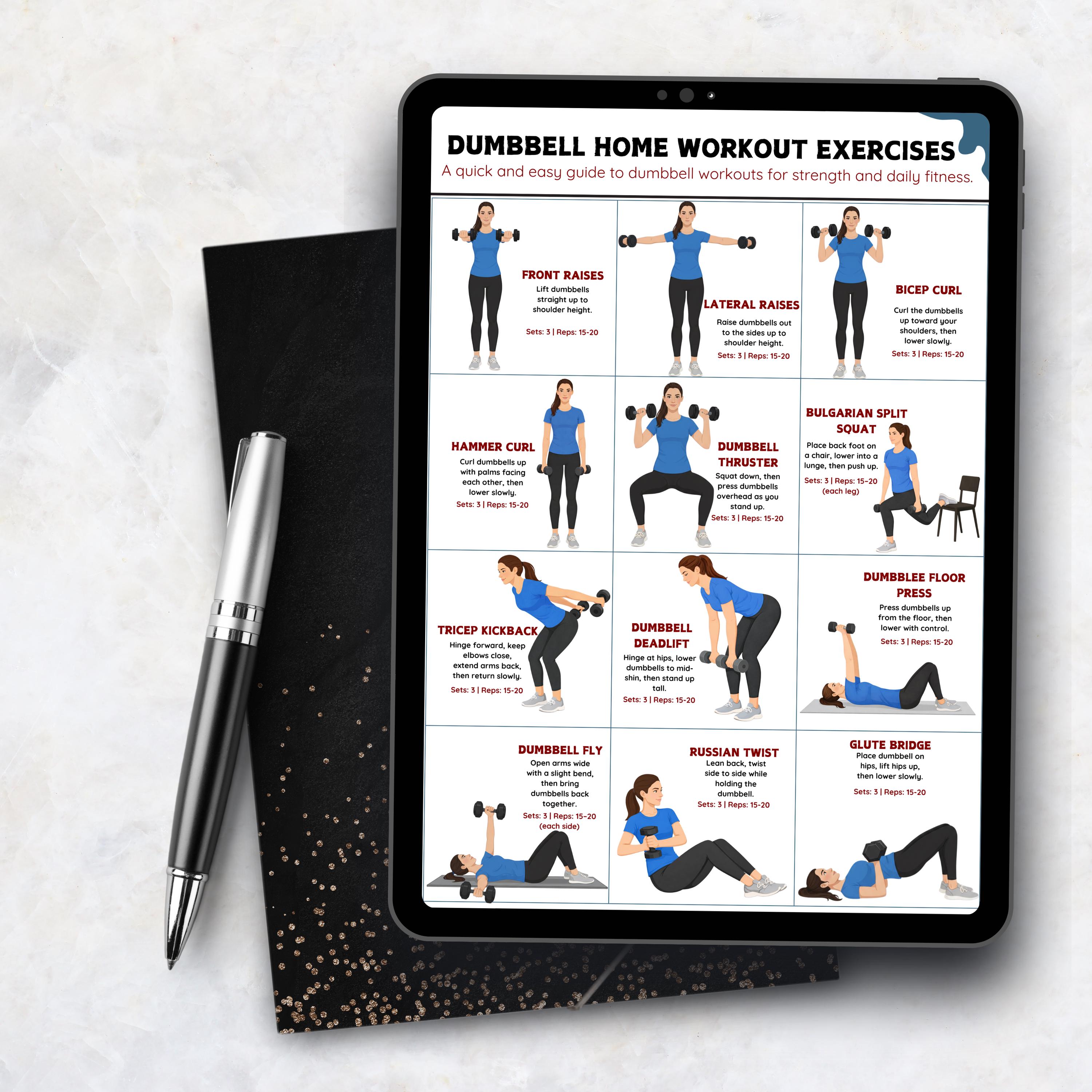 Dumbbell Workout Poster Printable | Home Workout Guide With Sets & Reps ...