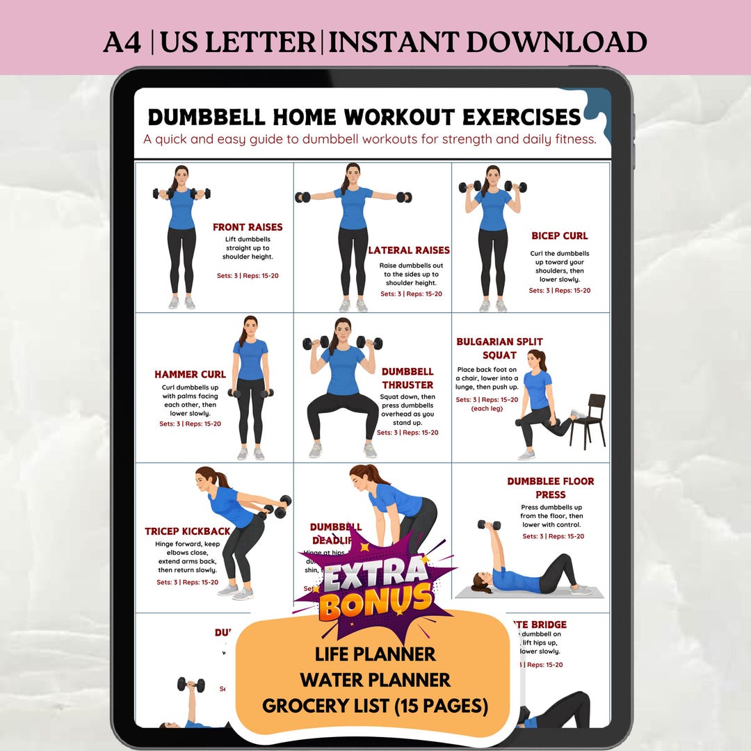 Dumbbell Workout Poster Printable | Home Workout Guide With Sets & Reps ...