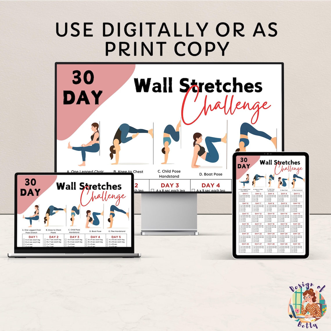 30 Day Wall Stretch Challenge, Wall Exercise Challenge Printable, Wall ...