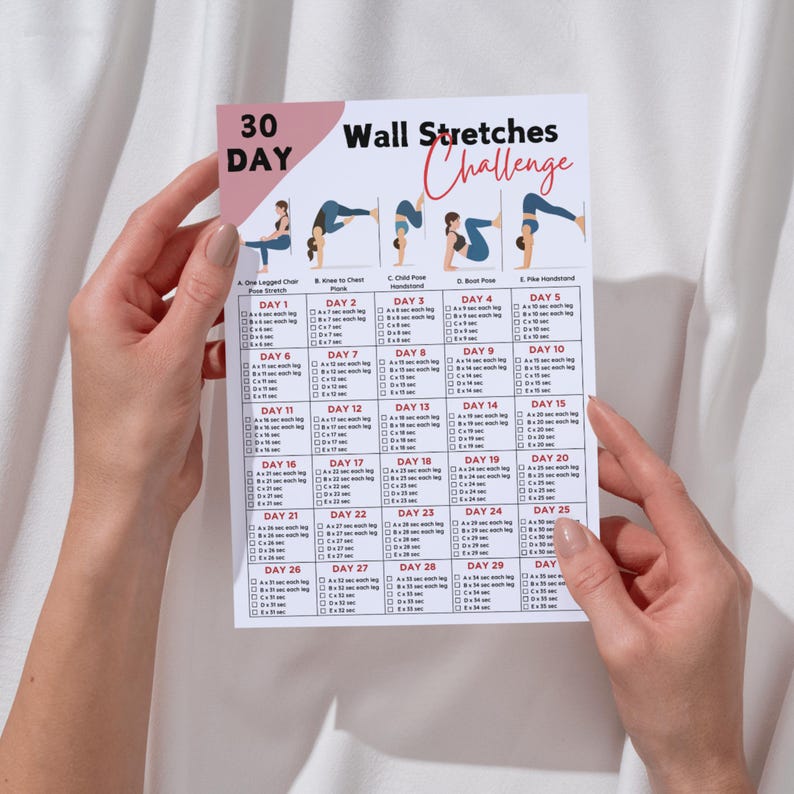 30 Day Wall Stretch Challenge, Wall Exercise Challenge Printable, Wall ...