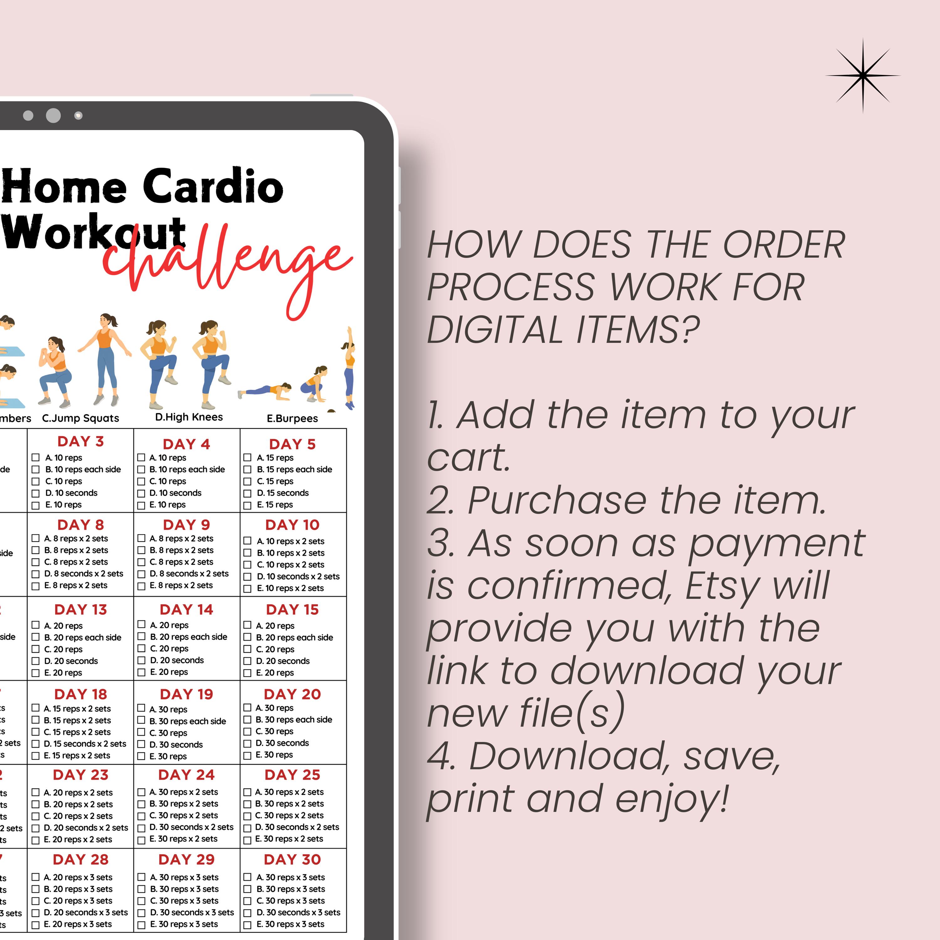 30 Day Home Cardio Workout Challenge Printable, Home Fitness, Quick ...