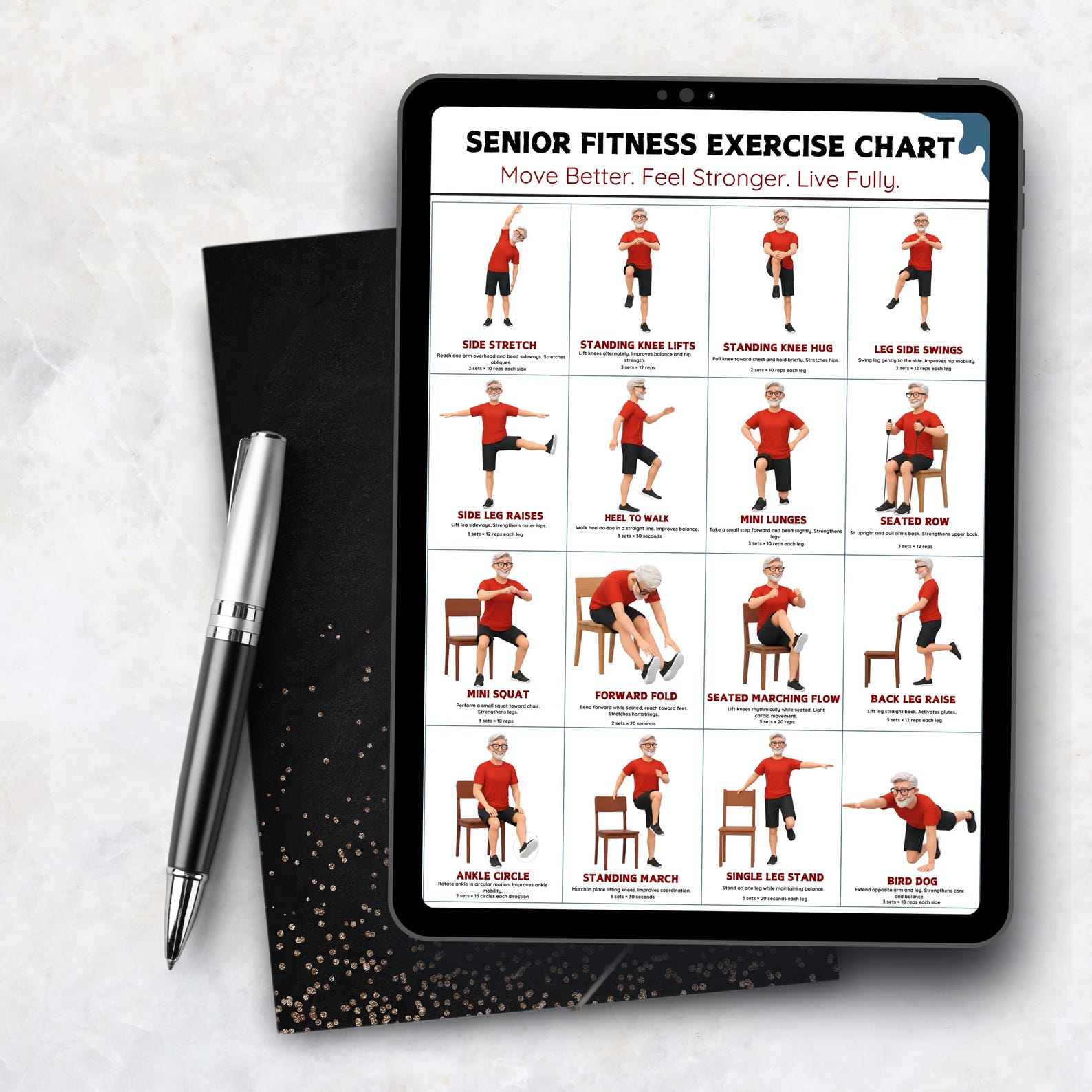 Senior Fitness Exercise Chart for Men Printable, 16 Balance & Strength ...
