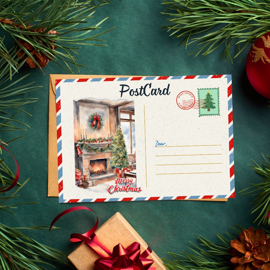 Merry Christmas Postcard Printable, Holiday Card, Happy New Year Card ...