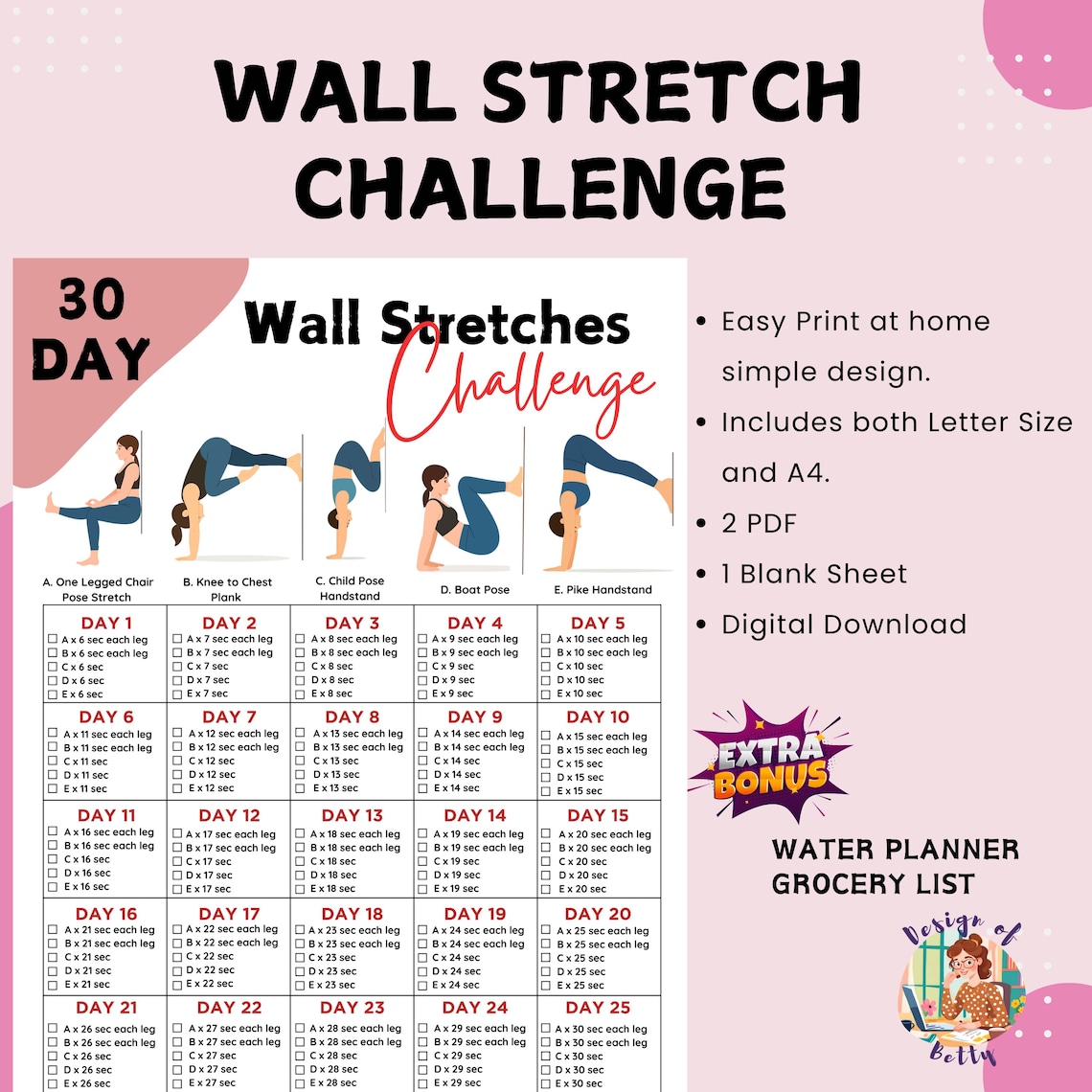 30 Day Wall Stretch Challenge, Wall Exercise Challenge Printable, Wall ...