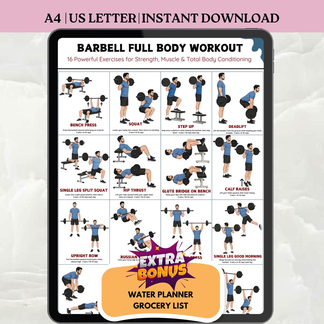 Barbell Full Body Workout Poster, Printable Gym Exercise Chart ...