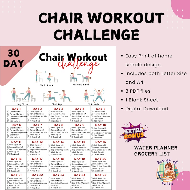 30 Day Chair Workout Bundle Printable, Chair Yoga Guide, Full Body ...