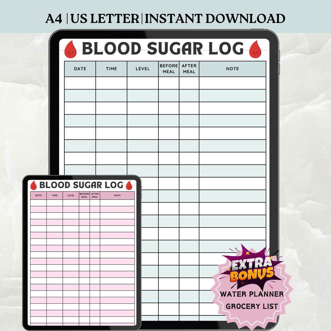 Blood Sugar Log Printable Template, Blood Glucose Tracker Instant ...