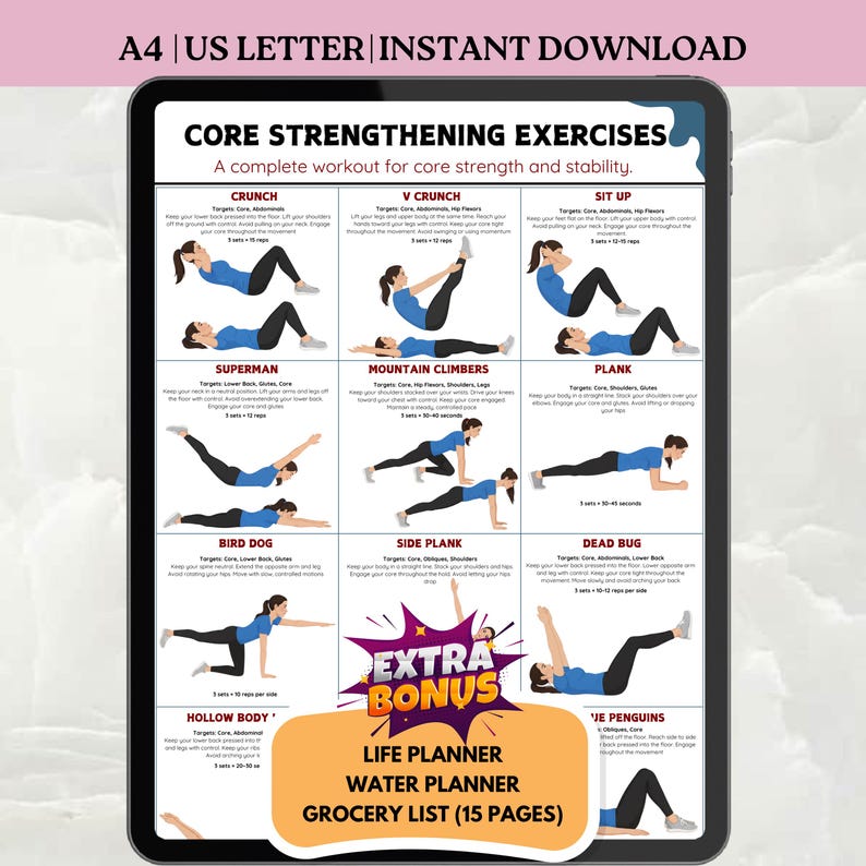 Core Strengthening Exercises Printable Poster | Abs & Core Workout ...