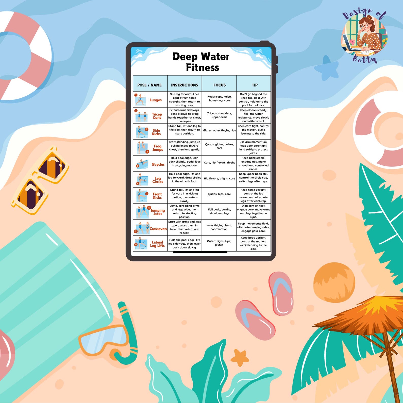 Water Aerobic Exercise Chart | Deep Water Fitness Routine | Low Impact ...