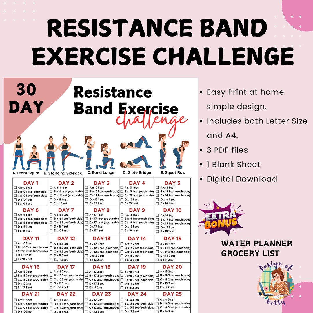 30 Day Resistance Band Exercise Challenge, Digital Fitness Planner ...