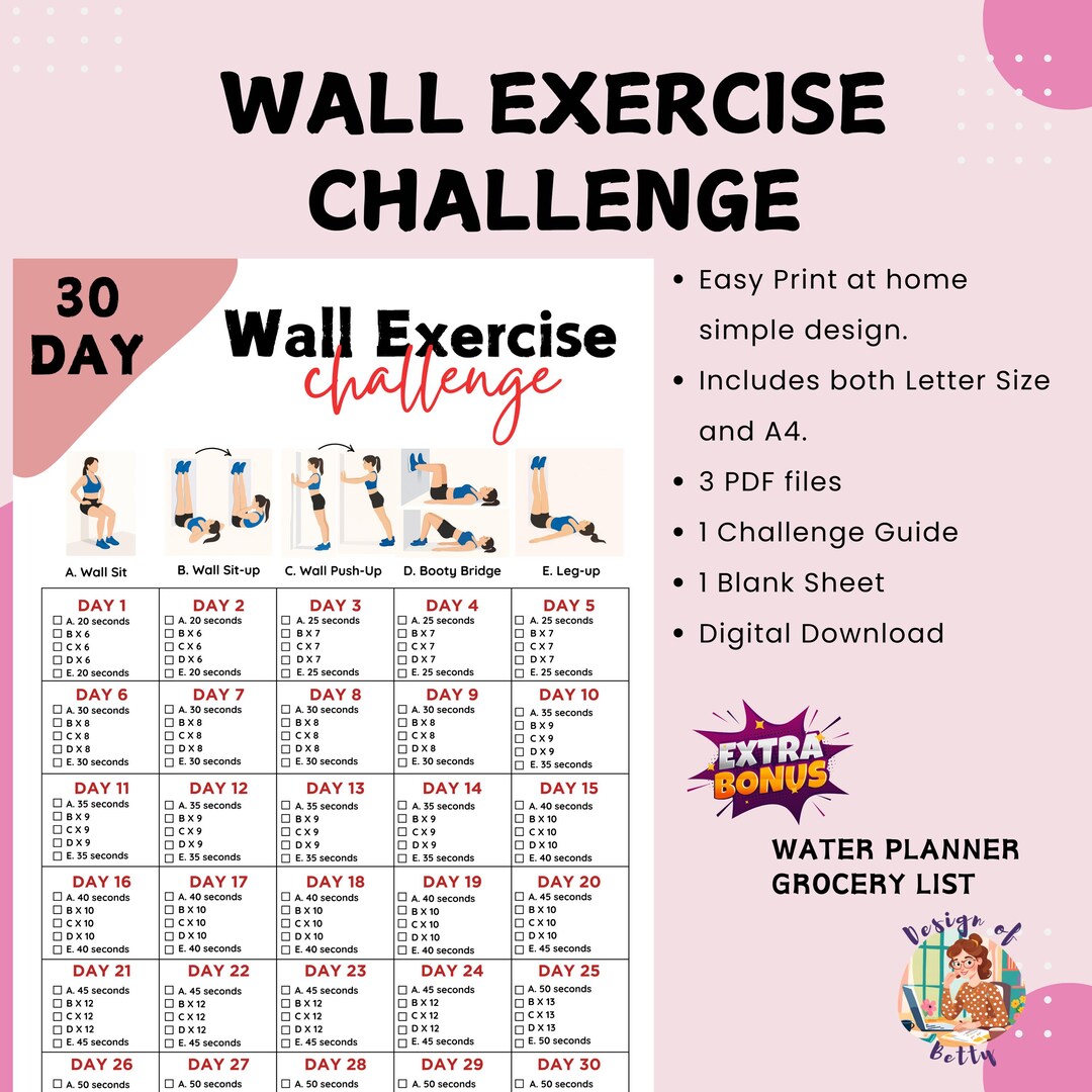 30 Day Wall Exercise Challenge Printable, Wall Fitness, Quick Workout ...