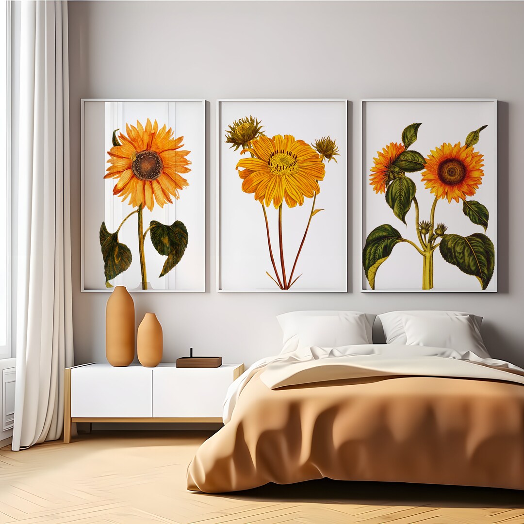Set of 3 Sunflower Prints Wall Decor Flower Art Prints Beautiful Big ...