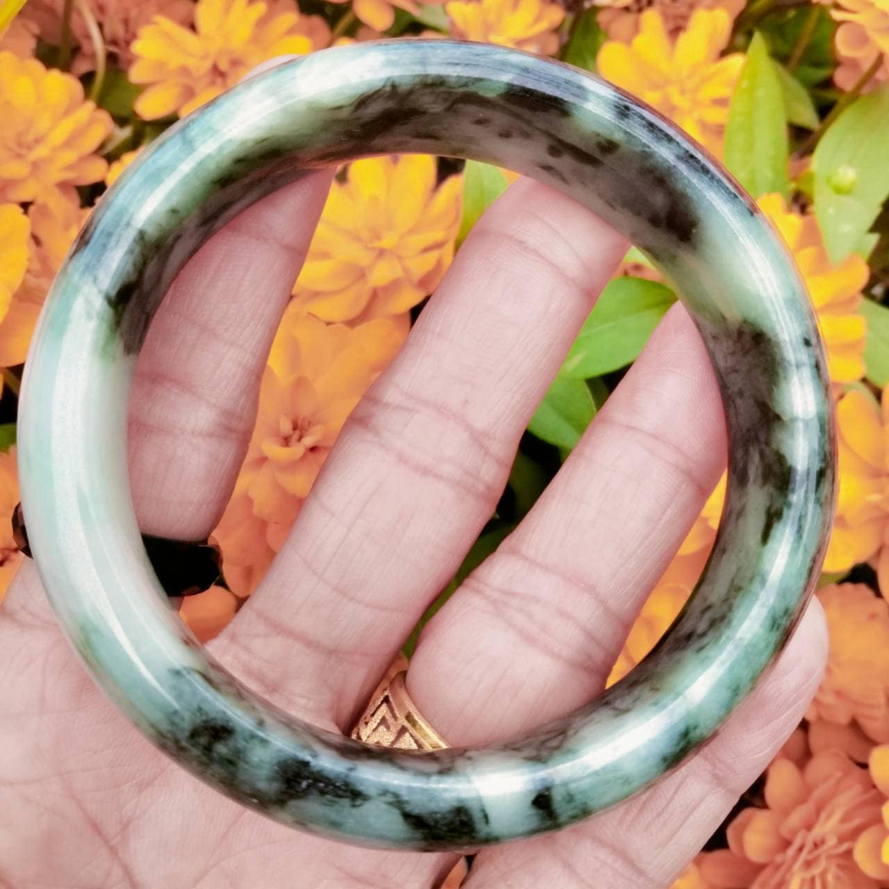 Burmese Jade Bangle Natural Pattern Green Black Jadeite A Inner ...