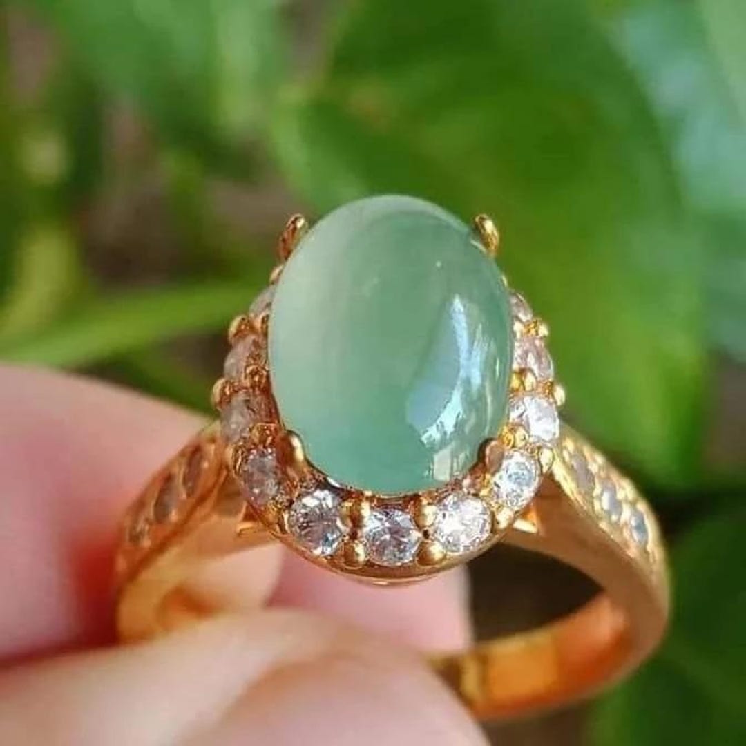 Real Burmese Jade Ring Natural Jadeite Type A Surrounded by CZ Diamonds ...
