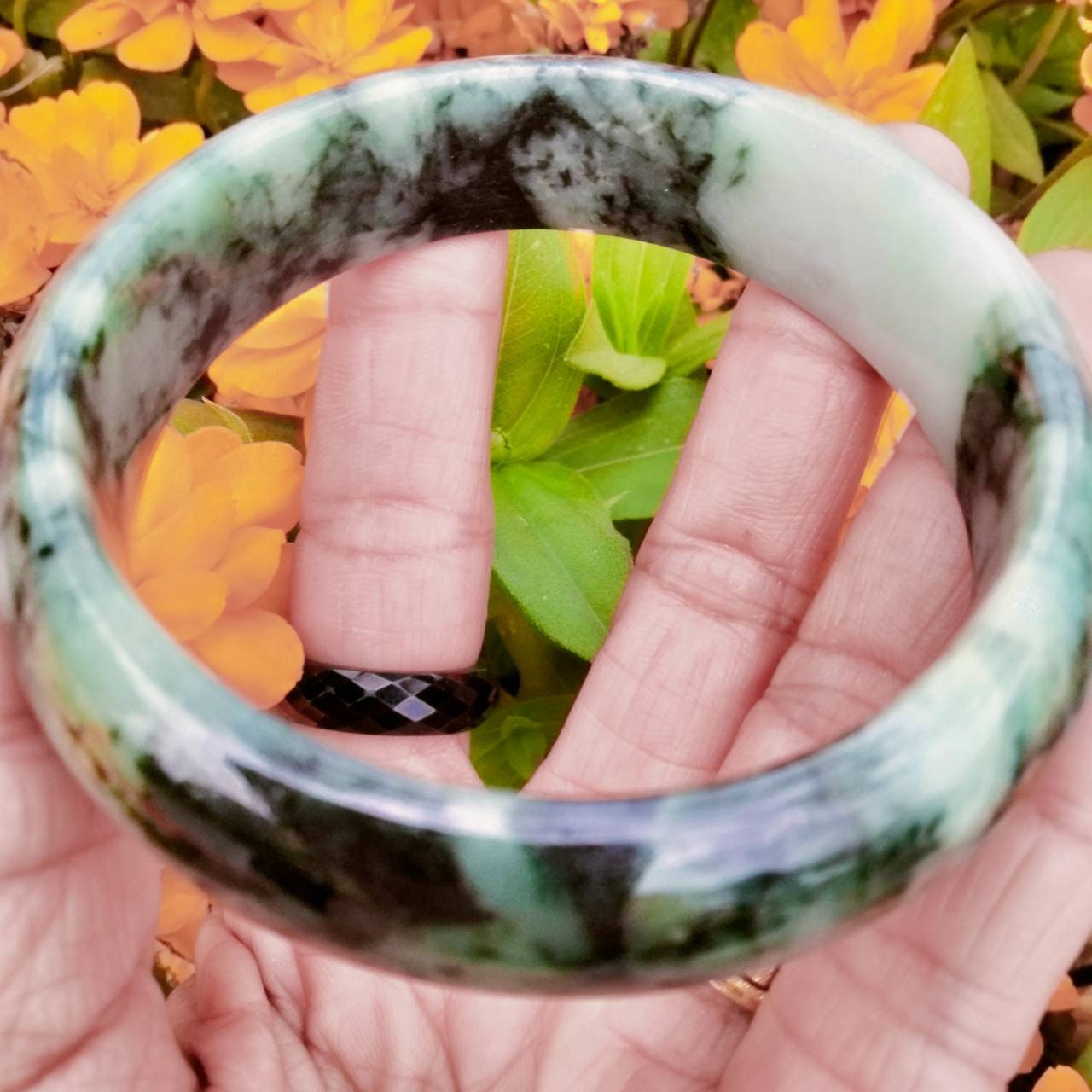 Burmese Jade Bangle Natural Pattern Green Black Jadeite A Inner ...