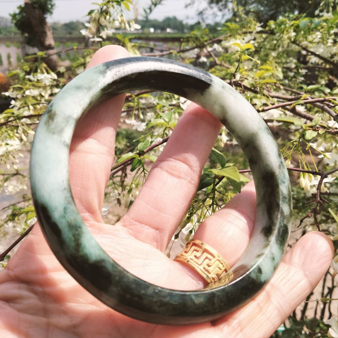 Burmese Jade Bangle Flat Belly Shape Light Green White Gray Jade ...