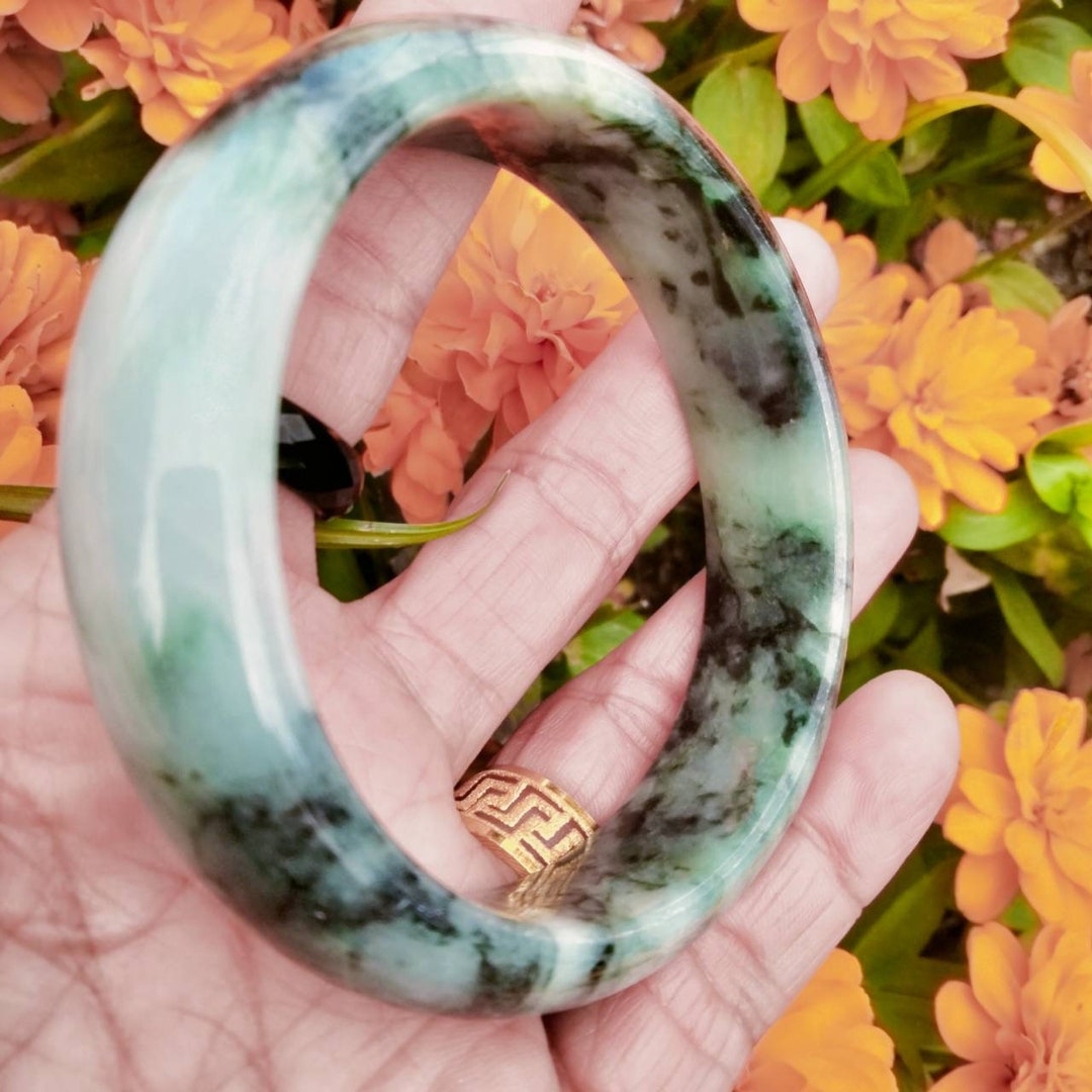 Burmese Jade Bangle Natural Pattern Green Black Jadeite A Inner ...