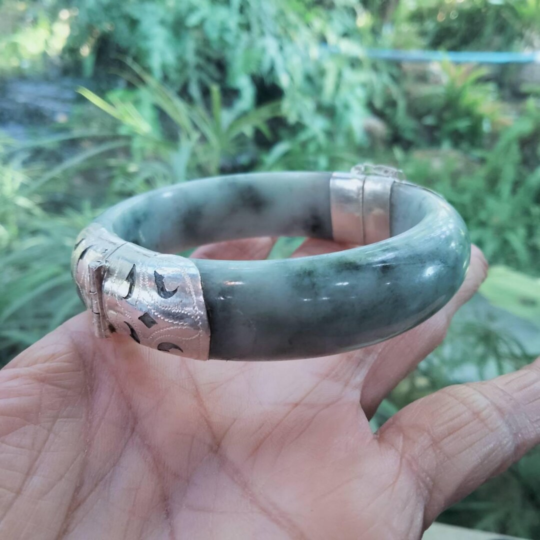 Genuine Burmese Jade Hinged Bangle, Green Gray Natural Jadeite (inner ...