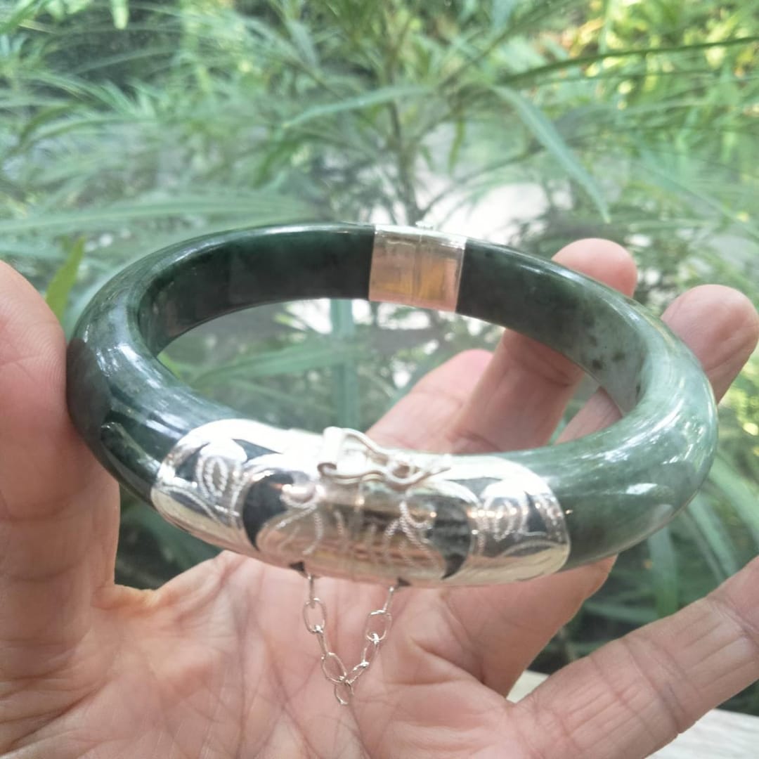 Hinged Jade Bangle, Sterling Silver, Dark Light Green Burmese Jadeite ...