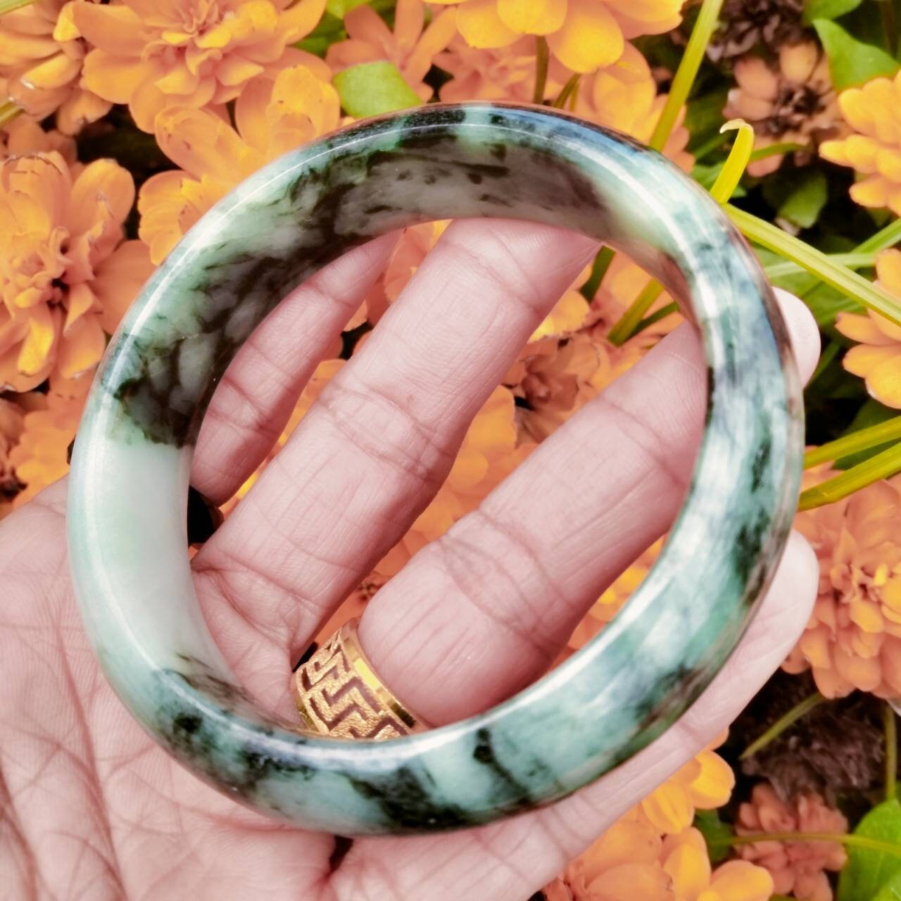 Burmese Jade Bangle Natural Pattern Green Black Jadeite A Inner ...