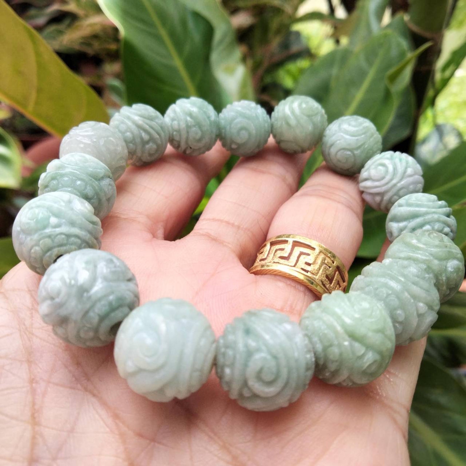 Burmese Jade Bead Bracelet Light Green Vines Carved Jade Burmese ...