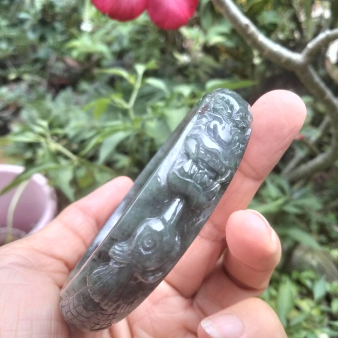 Carved Dragon Jade Bangle, Burmese Jadeite, Dark Green (58.1 Mm) - Etsy