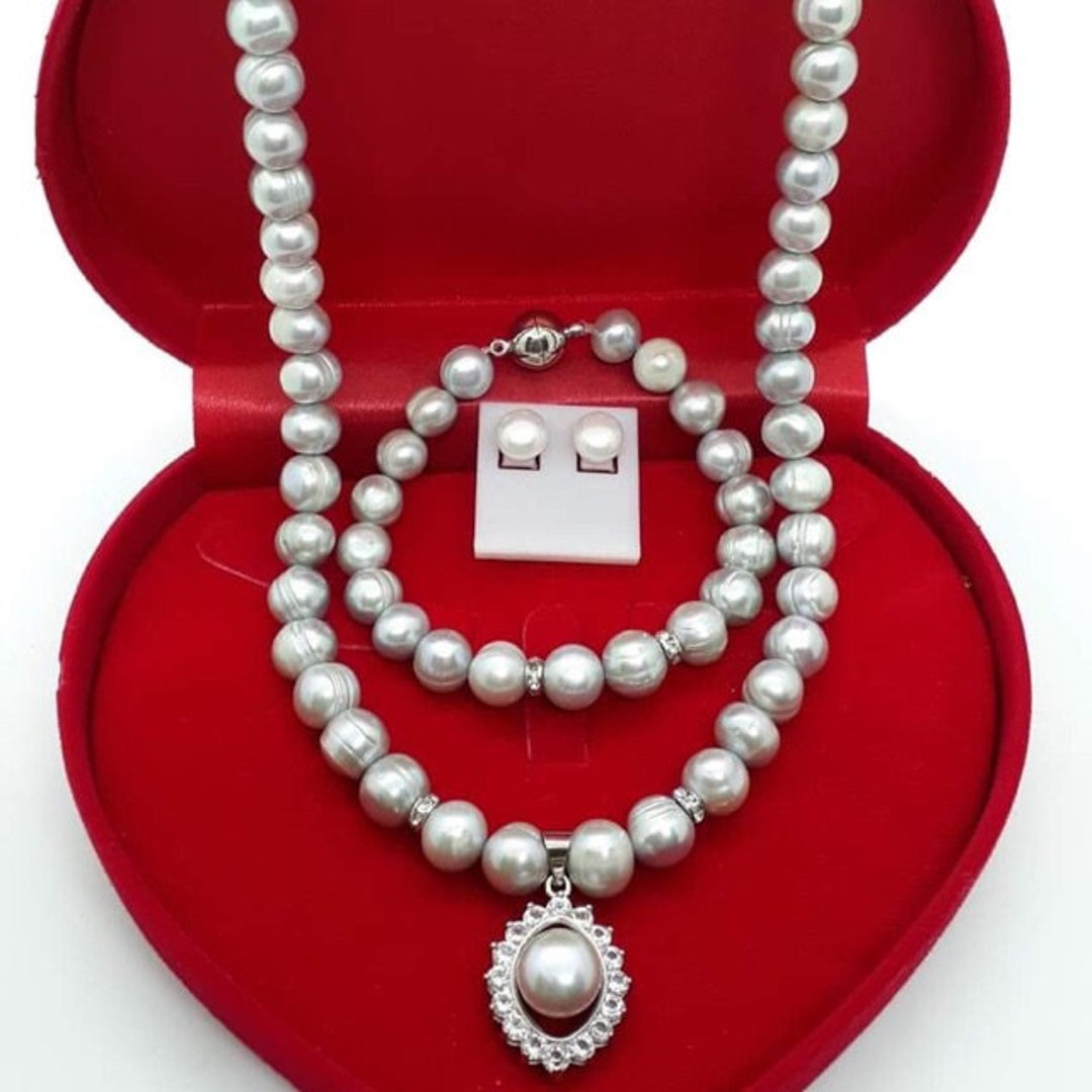 Real Pearl Set Gray Color With Real Pearl Pendant Free Heart Shaped ...