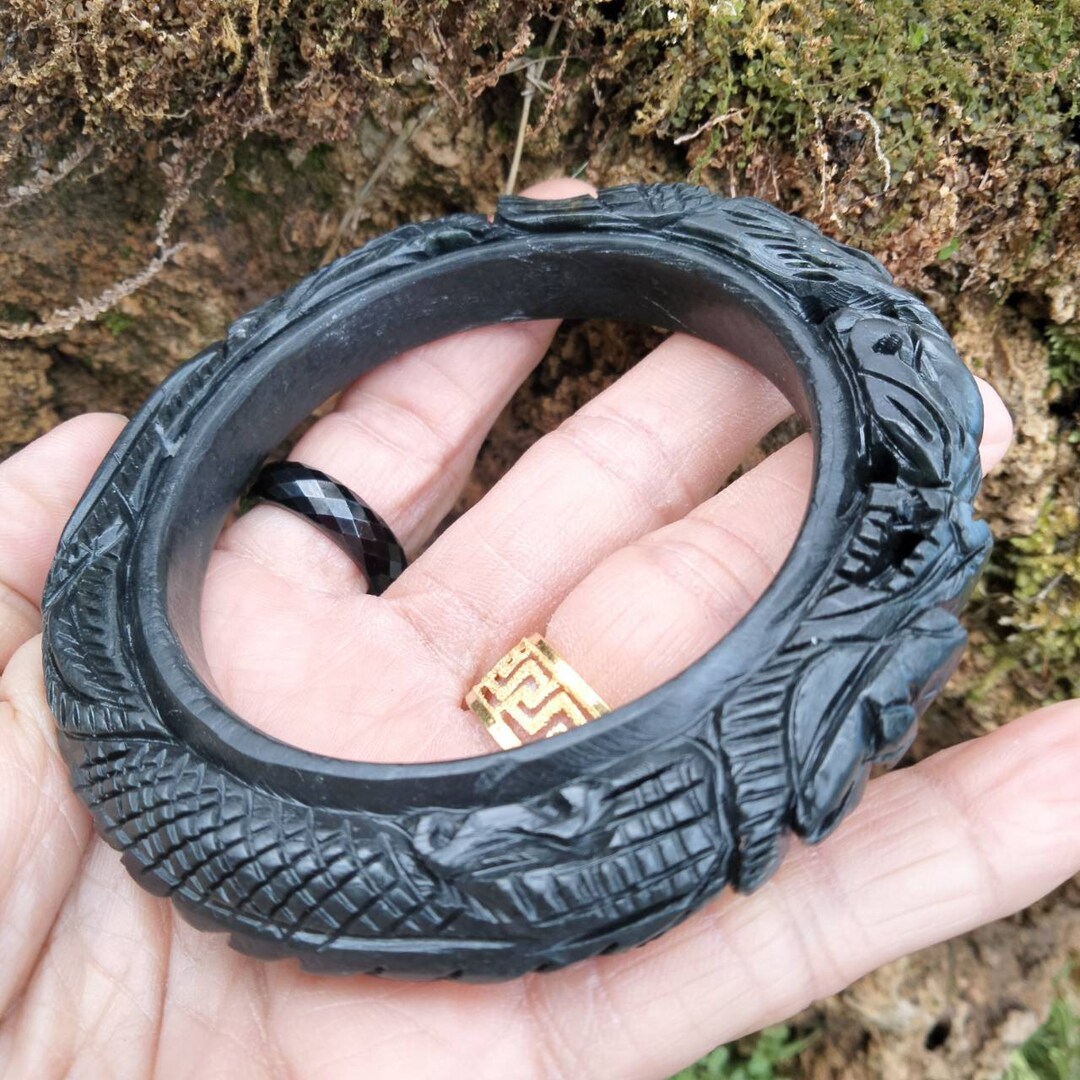 Burmese Jade Bangle Black Jade Dragon Carved Pattern Beautiful Inner 62 ...