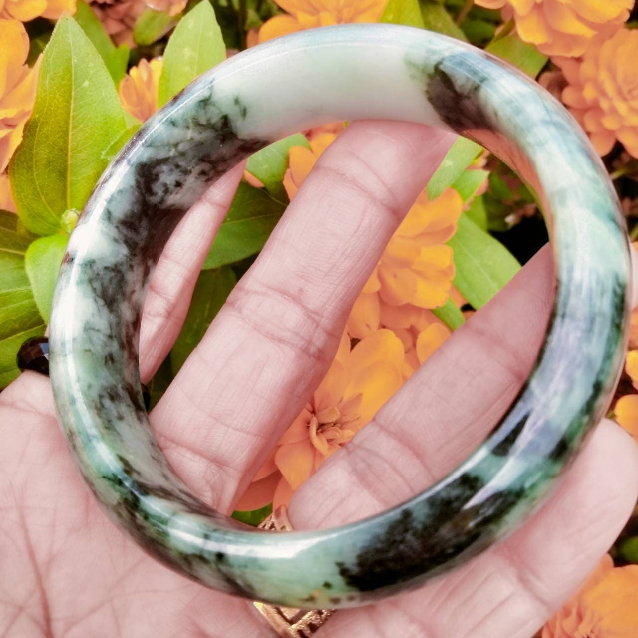 Burmese Jade Bangle Natural Pattern Green Black Jadeite A Inner ...