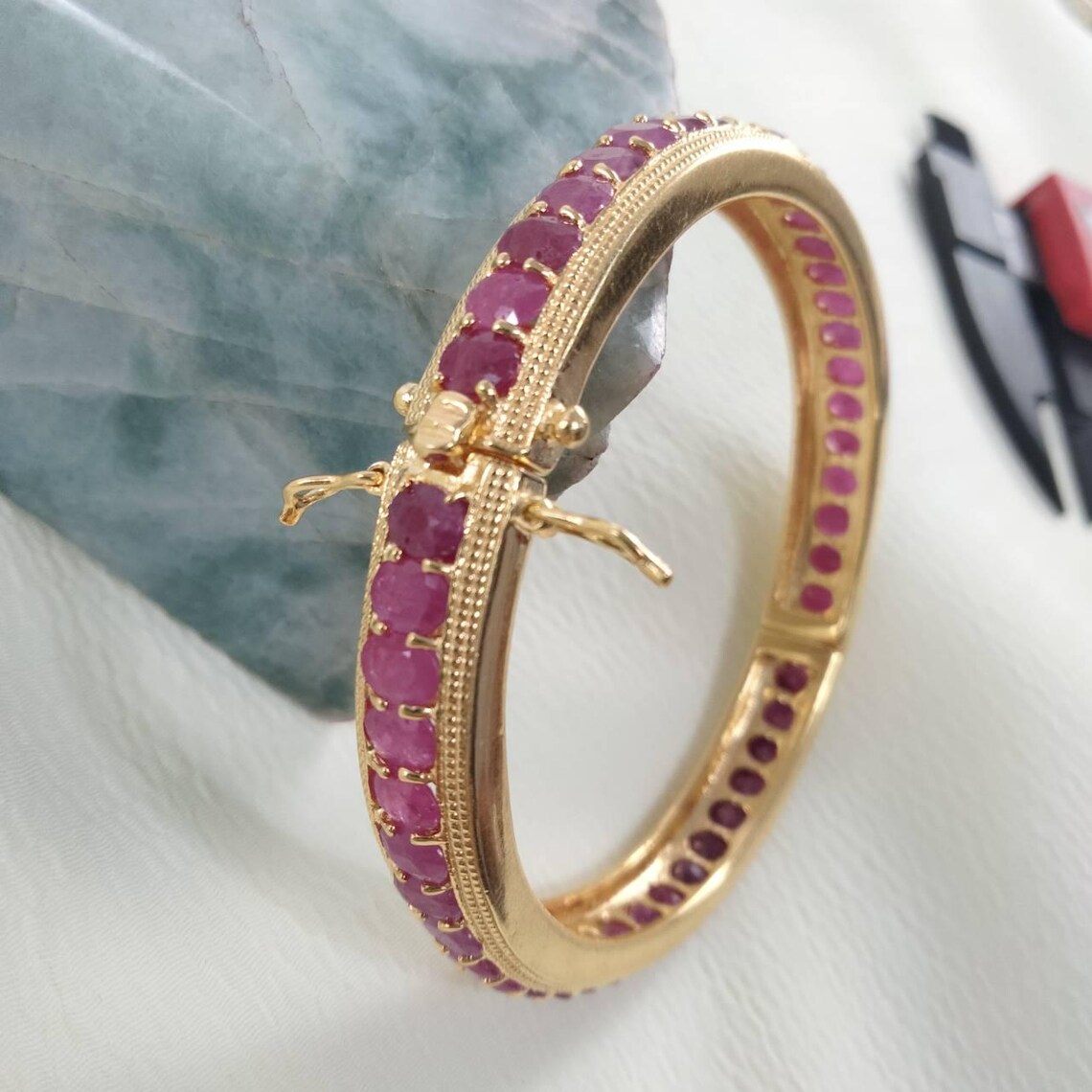Hinged Ruby Bangle: Gold Plated 925 Silver, Oval Shape - Etsy