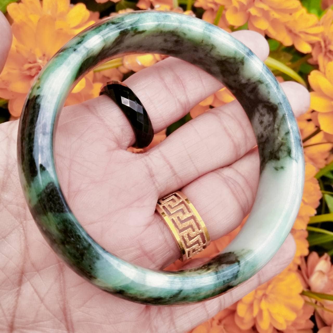 Burmese Jade Bangle Natural Pattern Green Black Jadeite A Inner ...