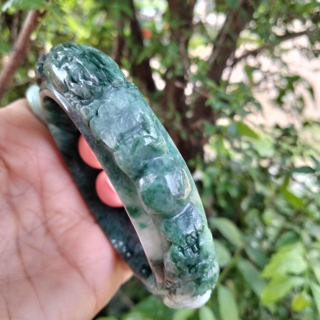 Burmese Jade Bangle Carved Dragon Jadeite Type A Dark Green and White ...
