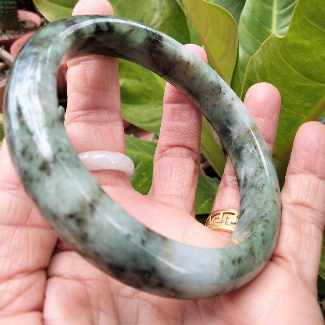 Burmese Jade Bangle Flat Inner Shape Large Size Dark Green Light Green ...