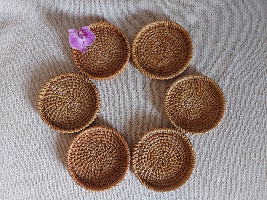 Handmade Rattan Coasters Gift for Her Round Woven Coasters Natual Tea ...