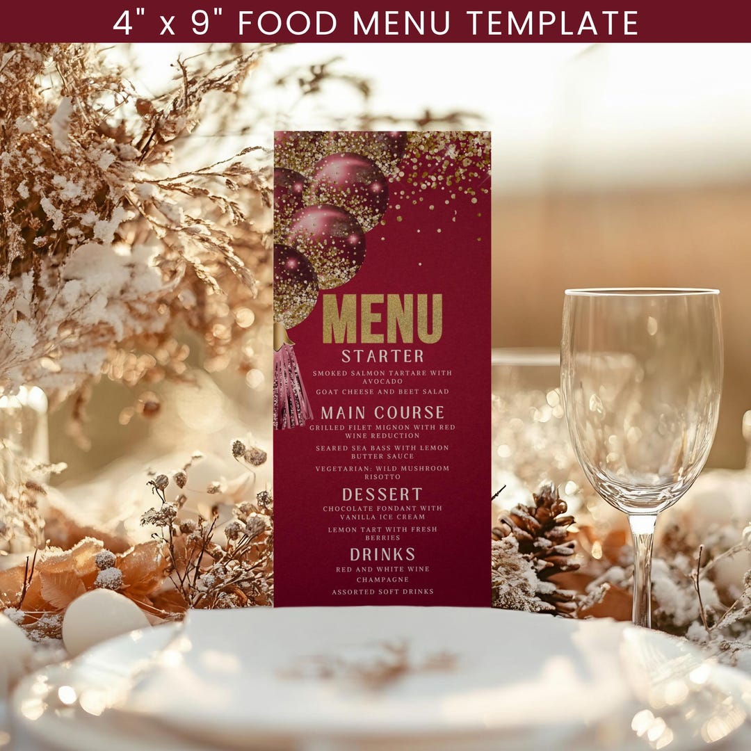 Burgundy Food Menu Card, Table Menu, Balloons, Birthday Menu Card, Men ...