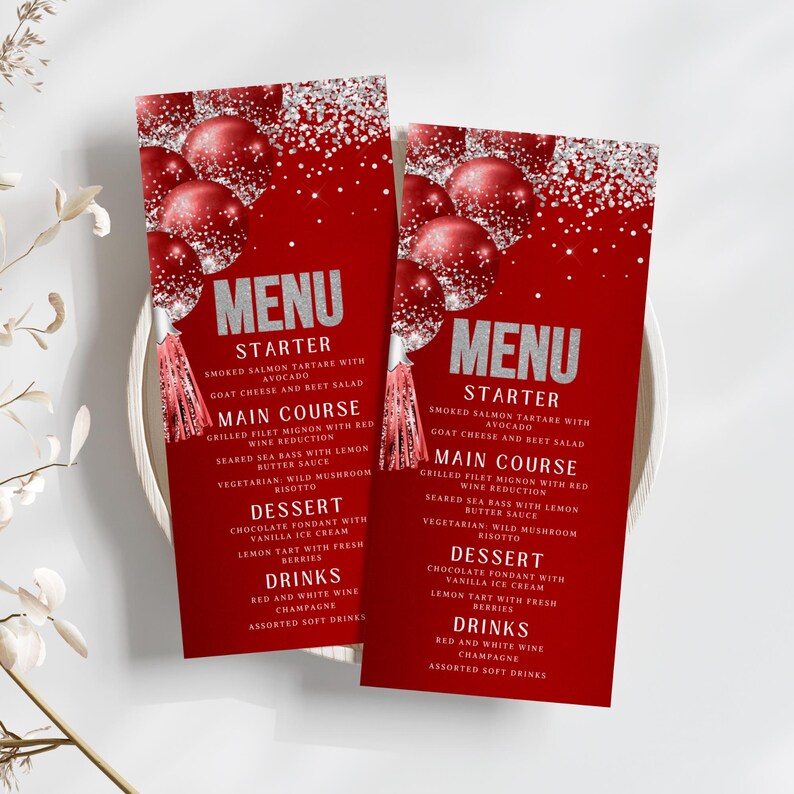 Red Food Menu Card, Table Menu, Balloons, Birthday Menu Card, Men ...