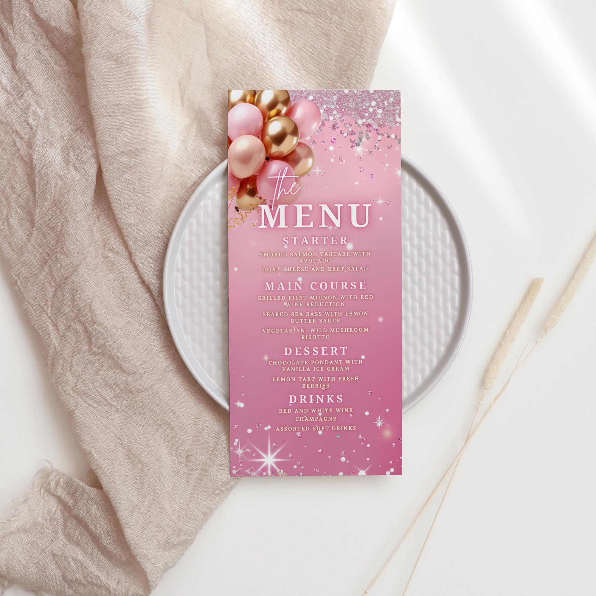Pink and Gold Birthday Menu Template, 4x9 (digital Download) - Etsy